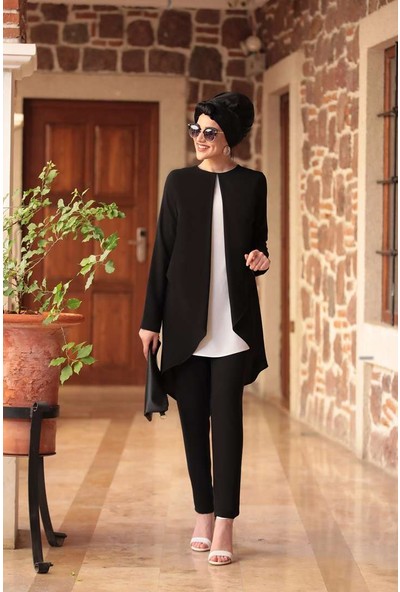 Piennar Ceren Çift Renk Bisiklet Yaka Gizli Fermuarlı Ikili Tesettür Takım Siyah