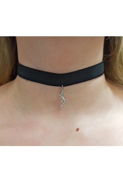 Kertenkele Figürlü Elastik Siyah Choker Kolye