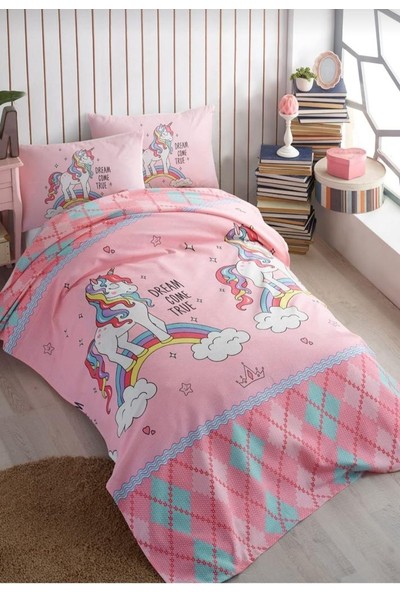 Pamukören Baskılı Pike Tek Kişilik Unicorn Pembe