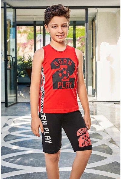Berrak %100 Pamuk Erkek Çocuk Şortlu Takım Siyah Kırmızı 5-6-7-8-9-10-11-12 Yaş