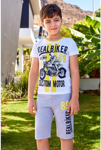 Berrak Erkek Çocuk Şortlu Takım Beyaz Gri 5-6-7-8-9-10-11-12 Yaş