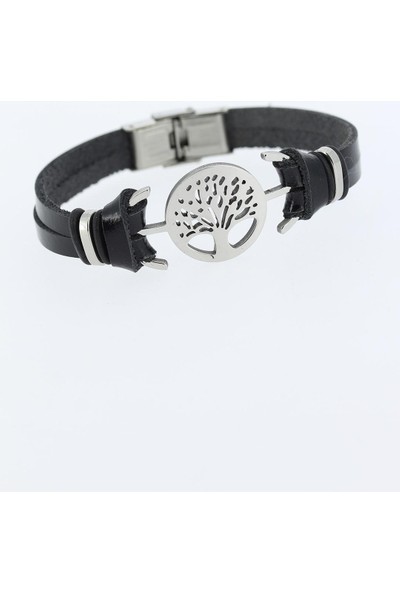 Moco Silver Renk Ağaç Figürlü Metal Aksesuarlı Siyah Renk Deri Erkek Bileklik Moco Silver Renk Ağaç Figürlü Metal Aksesuarlı Siyah Renk Deri Erkek Bileklik