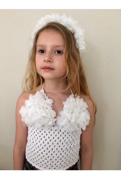 Çiçekli Çocuk Tatil Özel Gün Kutlama El Yapımı Frida Büstiyer ve Taç Set)