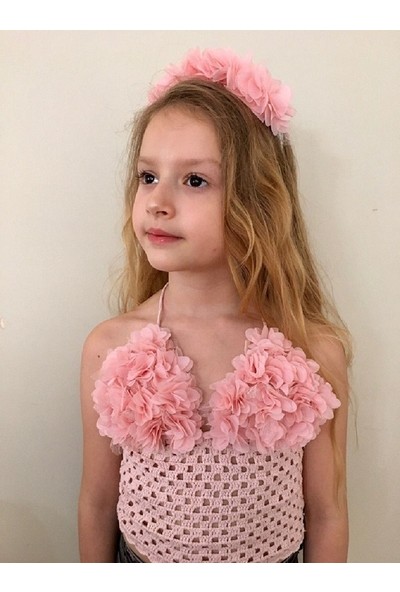 Çiçekli Çocuk Tatil Özel Gün Kutlama El Yapımı Frida Büstiyer ve Taç Set)