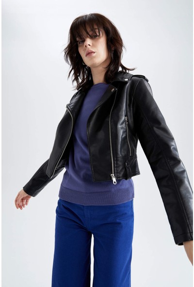 Regular Fit Suni Deri Crop Biker CEKET X3521AZ22AU Regular Fit Suni Deri Crop Biker CEKET X3521AZ22AU