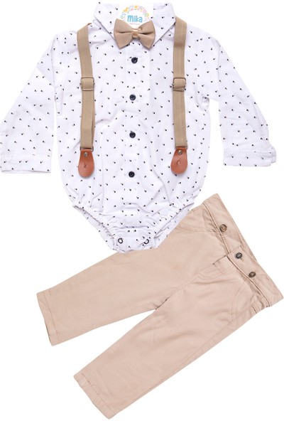 Mika Bebek Dar Kalıp Bej Pantolon Gömlek Papyon Erkek Bebek Salopet Takım Mika Bebek Dar Kalıp Bej Pantolon Gömlek Papyon Erkek Bebek Salopet Takım
