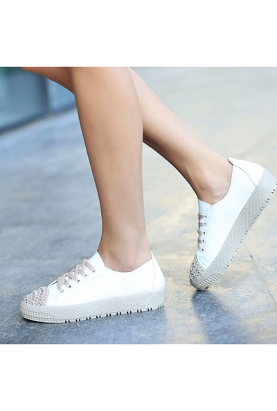 Pabucmarketi Beyaz Suni Deri Bağcıklı Kadın Spor Ayakkabı Ayakkabı Pabucmarketi Beyaz Suni Deri Bağcıklı Kadın Spor Ayakkabı Ayakkabı