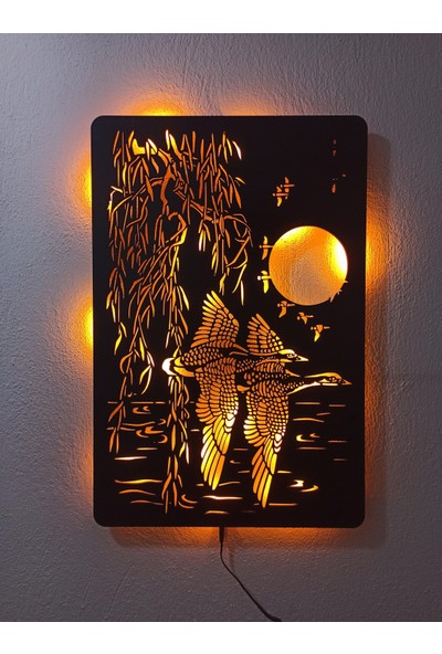 Alda Ay Işığında Uçan Kazlar LED Işıklı Duvar Tablosu Alda Ay Işığında Uçan Kazlar LED Işıklı Duvar Tablosu