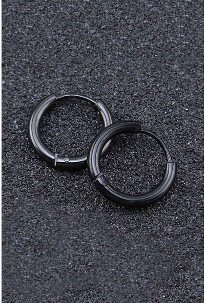The Collection Unisex Cerrahi Çelik Siyah Renk 12 mm Halka Küpe