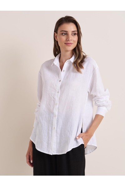 Jimmy Key Kadın Beyaz Bol Kesim Uzun Kollu Keten Gömlek