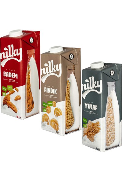 Nilky Bitkisel Vegan Süt Deneme Paketi (Badem-Fındık-Yulaf Sütü) 3*1 kg Nilky Bitkisel Vegan Süt Deneme Paketi (Badem-Fındık-Yulaf Sütü) 3*1 kg