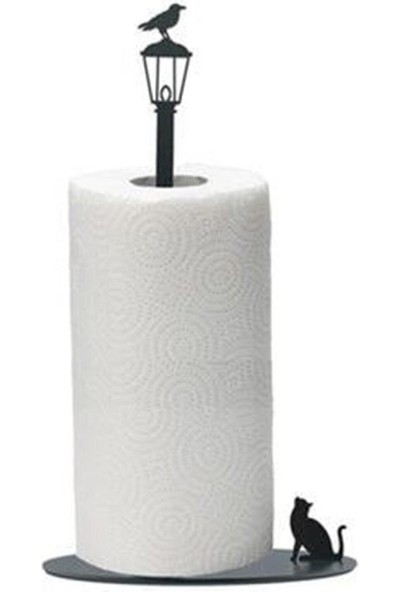 Risingmaber Dekoratif Metal Kedi ve Kuş Figürlü Kağıt Havluluk Mat Siyah Havlu Askılığı.