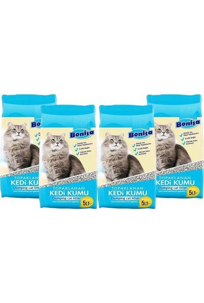 Bonisa Topaklanan Natural Kedi Kumu % 100 Doğal Uzun Süre Kullanıma Uygundur 5lt*4 Bonisa Topaklanan Natural Kedi Kumu % 100 Doğal Uzun Süre Kullanıma Uygundur 5lt*4