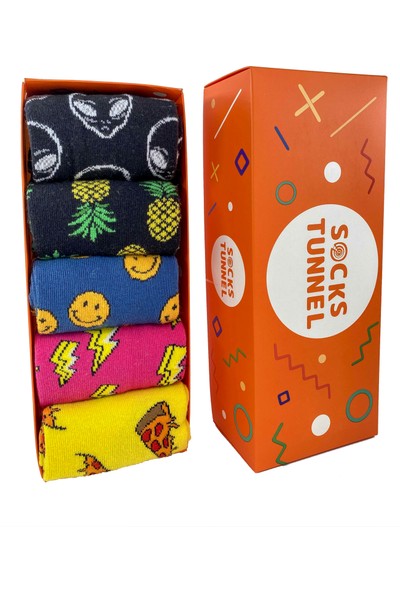 Socks Tunnel Unisex 5'li Ananas Pizza Karma Desenli Renkli Çorap Set Socks Tunnel Unisex 5'li Ananas Pizza Karma Desenli Renkli Çorap Set
