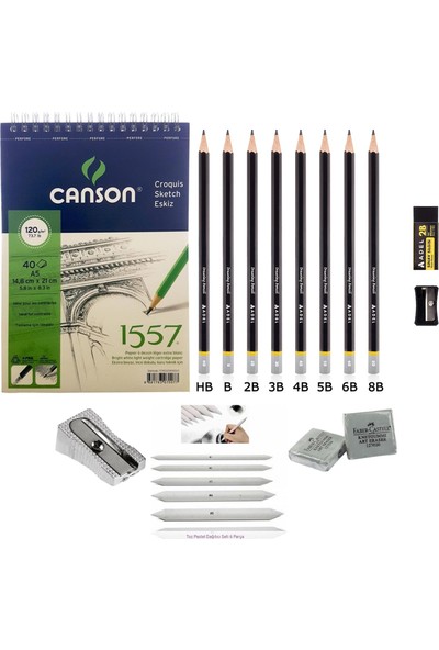 Canson 1557 Eskiz Defterli 8 Karakalem Çizim Seti Pastel Dağıtma Kalemtıraş Hamur Silgi Eskiz Seti Canson 1557 Eskiz Defterli 8 Karakalem Çizim Seti Pastel Dağıtma Kalemtıraş Hamur Silgi Eskiz Seti