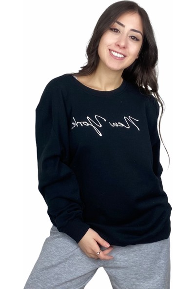 Pikka Online Kadın Siyah New York Yazılı Büyük Beden Sweatshirt