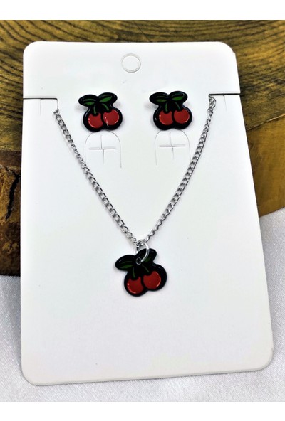 Tükkan Accessories Gümüş Kaplama Kiraz Figür Çocuk Kolye Küpe Set