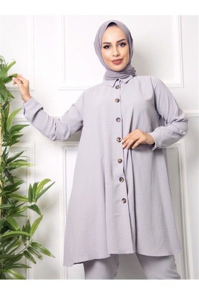 Online Sepetinde Kadın Düğme Detaylı Gri Ikili Takım