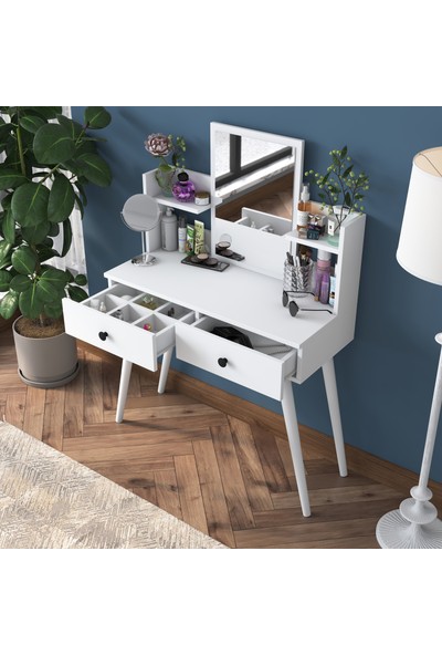 Rani BJ102 Makyaj Masası 2 Çekmeceli Raflı Aynalı Takı Düzenleyici Beyaz Rani BJ102 Makyaj Masası 2 Çekmeceli Raflı Aynalı Takı Düzenleyici Beyaz