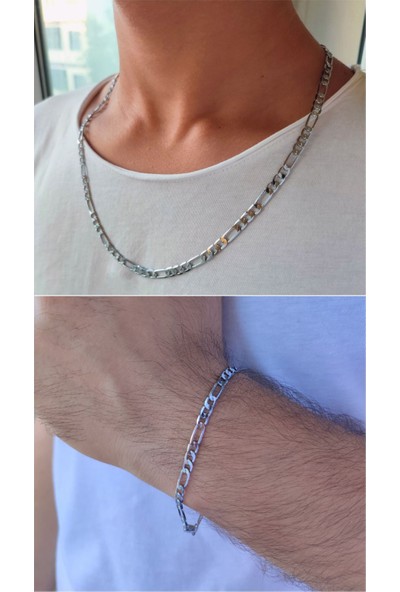 Evorya Çelik Silver Figaro Model Yassı Zincir Erkek Kolye ve Bileklik Set Kombin Evorya Çelik Silver Figaro Model Yassı Zincir Erkek Kolye ve Bileklik Set Kombin