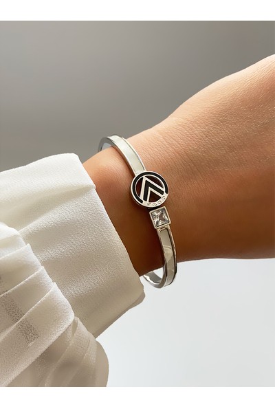 Sgaccessory Valentino Silver Gümüş Renk Kadın Taşlı Paslanmaz Çelik Kelepçe Bileklik Bilezik 316 L