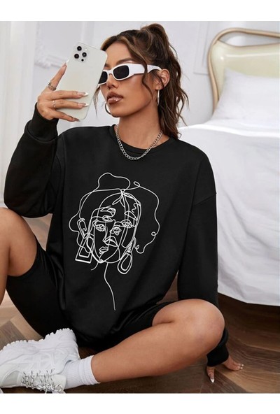 Laluvia Siyah Yüz Figürlü Oversize Sweastshirt