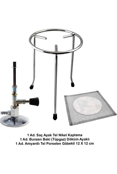 Bünzen Beki (Tüpgaz) + Saç Ayak Tel + Amyantlı Tel 12X12 cm 3’lü Set