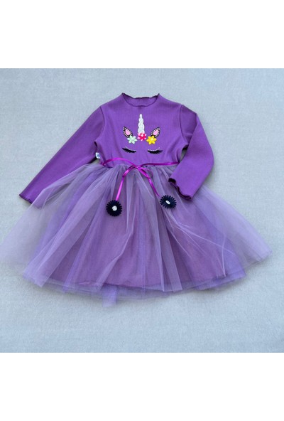 Ways Kız Çocuk Elbise Uzun Kollu Unicorn Tütü Mor 6 Yaş PS10434