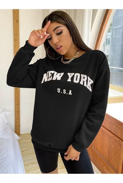 Laluvia Siyah New York U.s.a Baskılı Oversize Sweatshirt