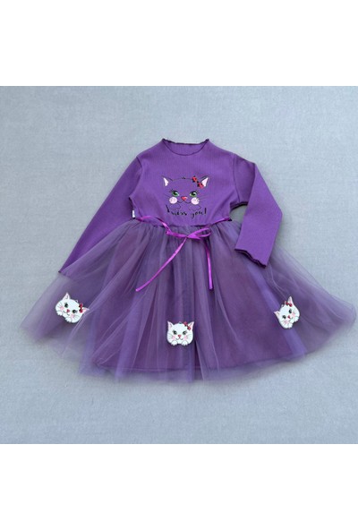 Parla Kız Çocuk Elbise Kedi Desenli Tütü Mor 6 Yaş PS10392 Parla Kız Çocuk Elbise Kedi Desenli Tütü Mor 6 Yaş PS10392