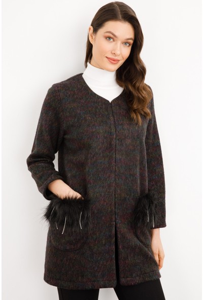 Desen Triko Kadın Cebi Kürklü Sıfır Yaka Ceket Siyah Desen Triko Kadın Cebi Kürklü Sıfır Yaka Ceket Siyah