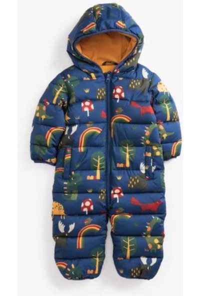 Next Baby Çocuk Orman Baskılı Polar Astarlı Dolgulu Mavi Kar Tulumu