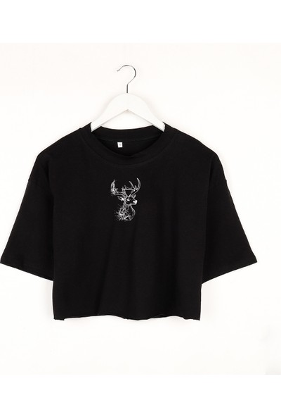 Thewert Geyik Basıkılı Siyah Oversize Crop T-Shırt Thewert Geyik Basıkılı Siyah Oversize Crop T-Shırt