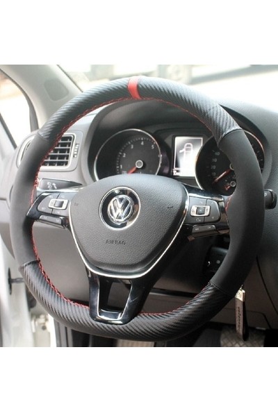 Gürler Oto Kılıf ve Aksesuar Volkswagen Golf 7 Dikmeli Direksiyon Kılıfı Carbon Desenli Alkantra Kımızı Yüzüklü
