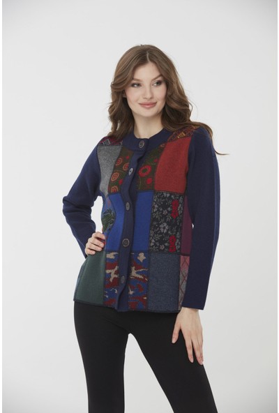 Kadın Dik Yaka Patchwork Yün Ceket Y.a Lacivert Kadın Dik Yaka Patchwork Yün Ceket Y.a Lacivert