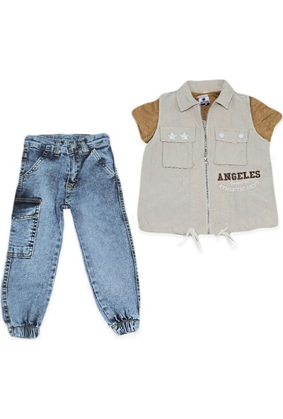 6012 Pakel Yıldız Nakışlı Yeleklli 3lü Erkek Takım 1-5 Yaş Bej
