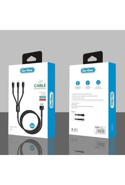 GD-UC511 3 In 1 USB Kablo 120CM 3A Apple iPhone Ipad Hızlı Şarj Destekli Örgü Kablo GD-UC511 3 In 1 USB Kablo 120CM 3A Apple iPhone Ipad Hızlı Şarj Destekli Örgü Kablo