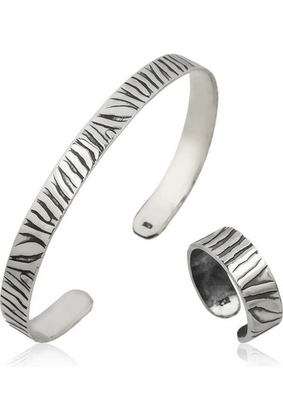Nikadu Gümüş Zebra Desenli Bileklik ve Yüzük Set