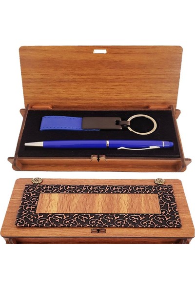Strongart Ahşap Kutulu Koyu Mavi Kalem ve Anahtarlık Set