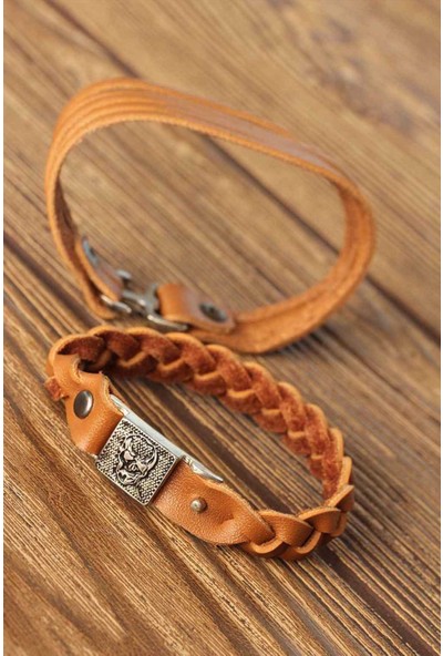 Tesbihkenti 2'li Kahverengi Deri Erkek Bileklik Kombin