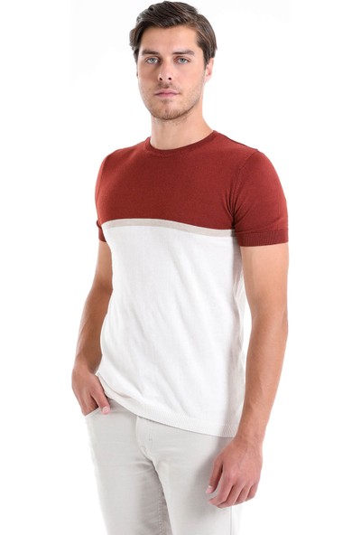 Kiremit Slim Fit Desenli Bisiklet Yaka Tişört