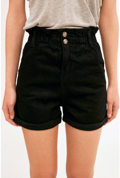 Duble Paça Bel Lastikli Kot Şort Siyah