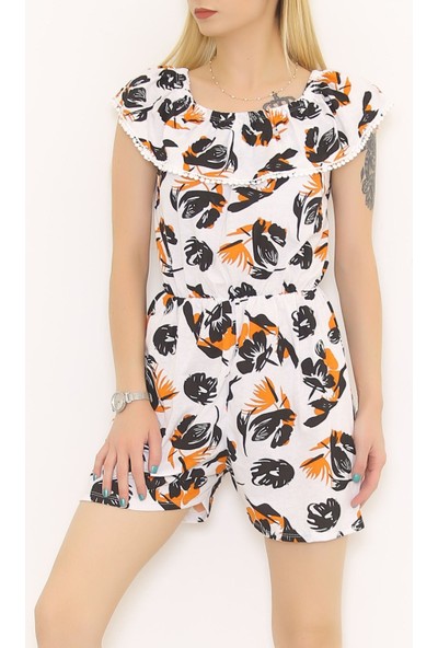 Madonna Yaka Şortlu Tulum Beyazsiyah