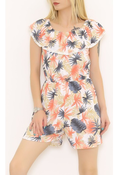 Madonna Yaka Şortlu Tulum Beyazturuncu