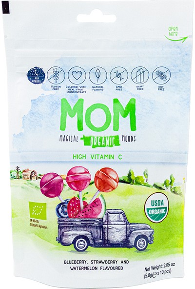 Mom Organik Lolipop (Çilek, Karpuz, Yaban Mersini ve C Vitamini) 10 Adet Mom Organik Lolipop (Çilek, Karpuz, Yaban Mersini ve C Vitamini) 10 Adet