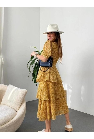 Çiçek Desenli Şifon Sarı Elbise