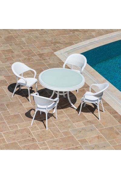 Flash-R Sandalye, Osaka 110CM Yuvarlak Alüminyum Ayak 4 Kişilik Camlı Masa ve Sandalye Takımı Flash-R Sandalye, Osaka 110CM Yuvarlak Alüminyum Ayak 4 Kişilik Camlı Masa ve Sandalye Takımı