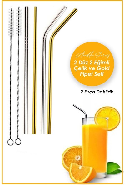 Anadolu Saray Çarşısı 6 Parça Gold ve Çelik Pipet Seti Paslanmaz Meşrubat Pipeti ve Pipet Temizleme Fırçası Seti Anadolu Saray Çarşısı 6 Parça Gold ve Çelik Pipet Seti Paslanmaz Meşrubat Pipeti ve Pipet Temizleme Fırçası Seti