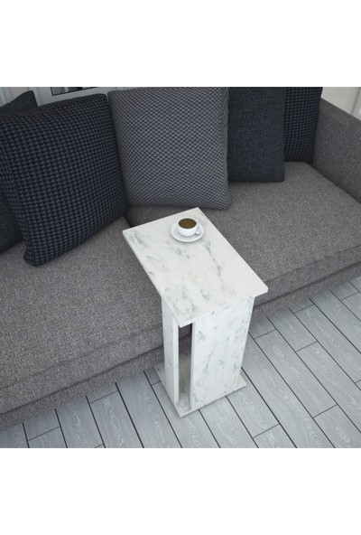 Çok Amaçlı Tekerlekli C Koltuk Sehpası - Beyaz Mermer Çok Amaçlı Tekerlekli C Koltuk Sehpası - Beyaz Mermer
