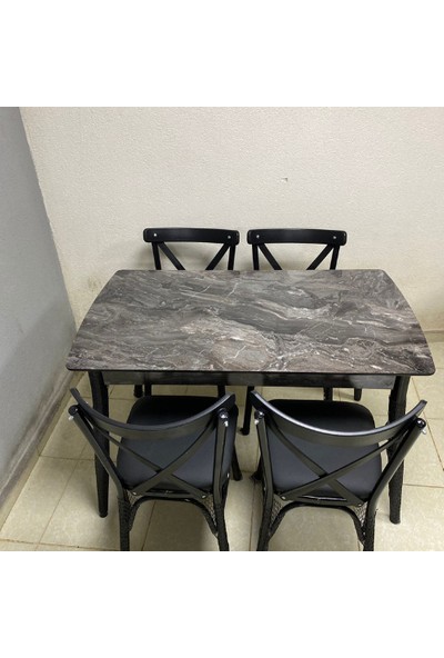 Siyah Mermer Desenli Sabit 70 x 120 cm Mutfak Masa Takımı 4 Sandalyeli-Stoklarla Sınırlı